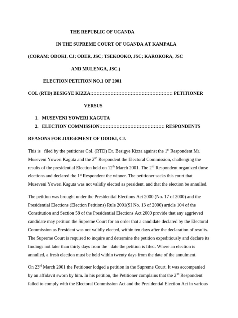 Besigye V Museveni Anor 2001 UGSC 15 (6 July 2001) | PDF