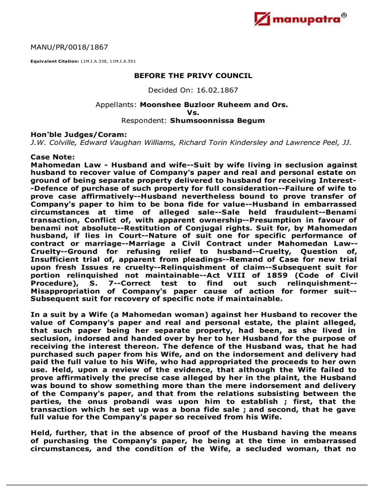 Moonshee Buzloor Ruheem and Ors v. Shumsoonnissa | PDF