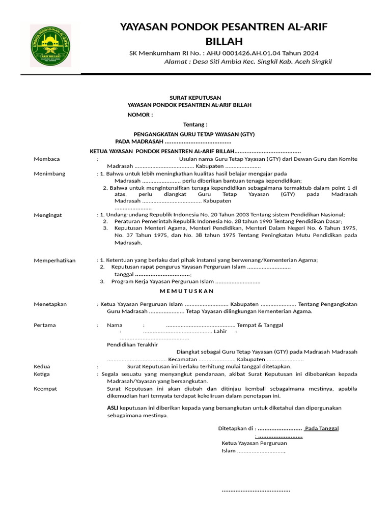 Contoh SK Guru Tetap Yayasan Madrasah Format | PDF
