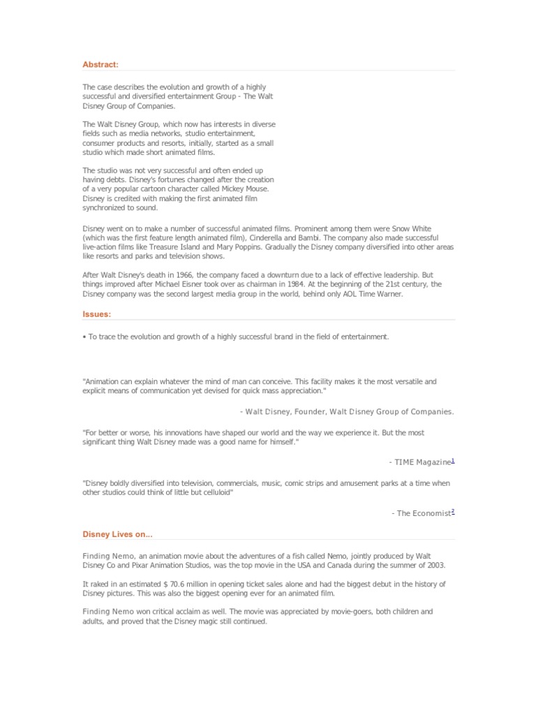 Disney Case Study | PDF | Walt Disney | The Walt Disney Company