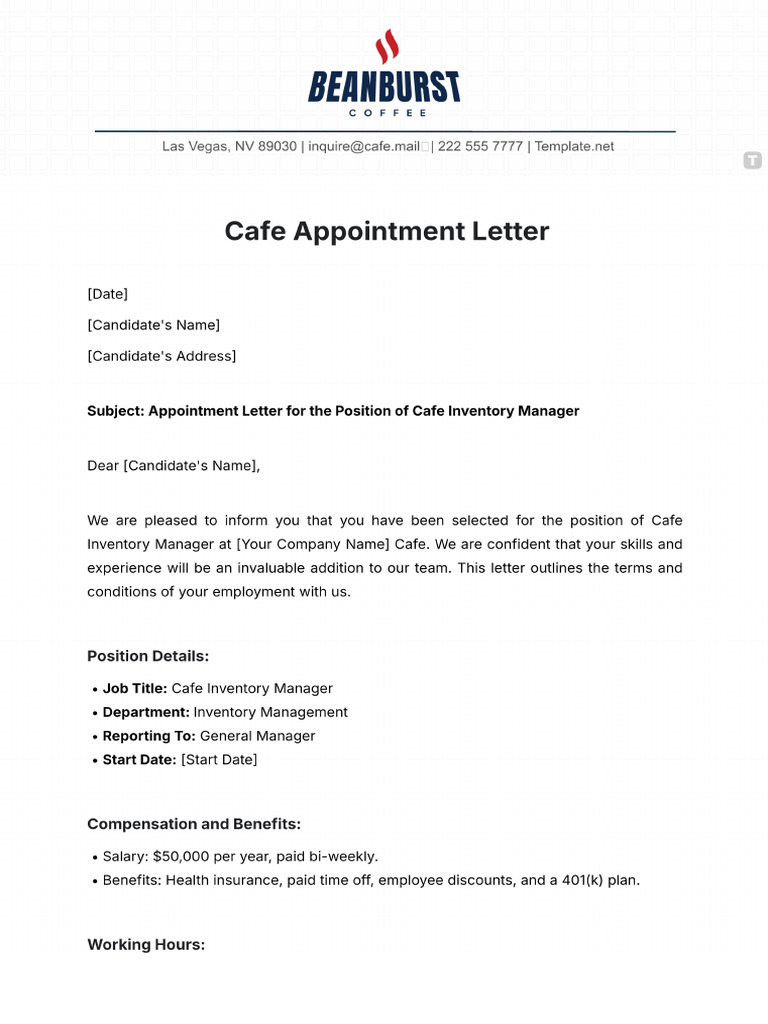 Cafe Appointment Letter Template - Edit Online & Download Example | PDF