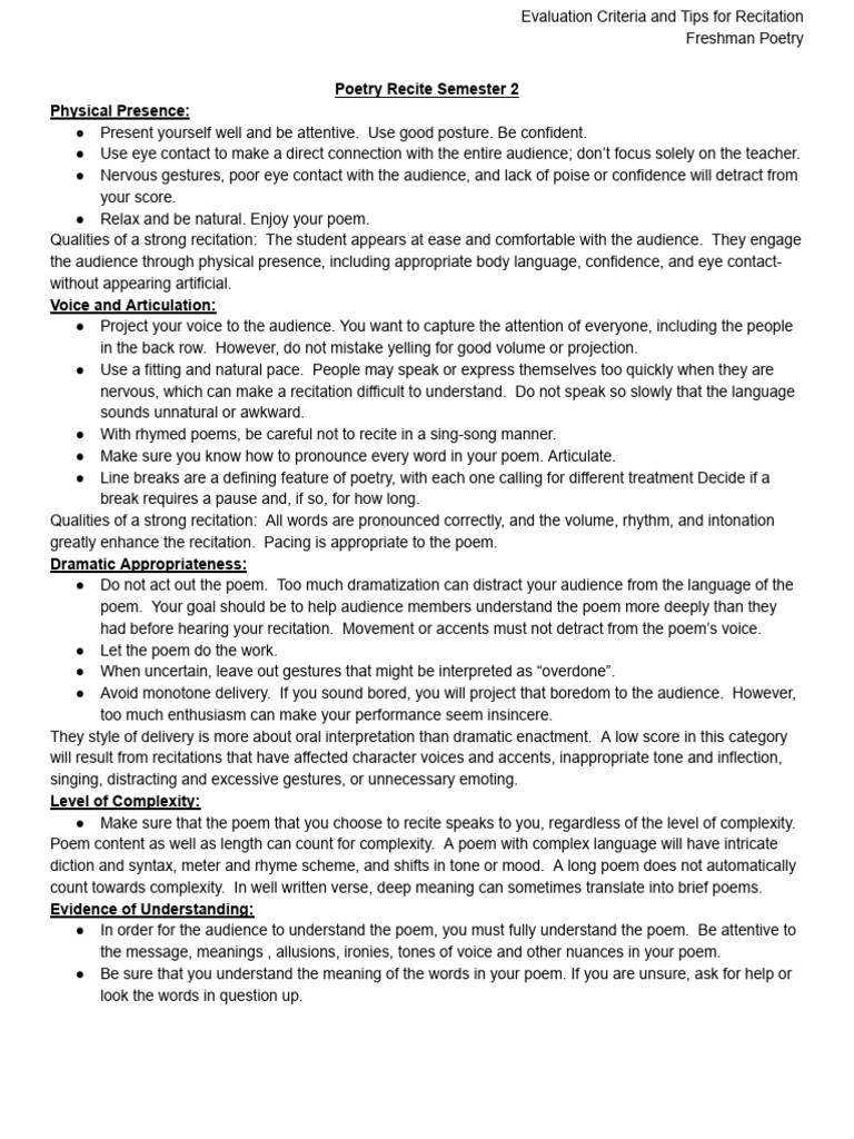 Poetry Recite - Evaluation Criteria Semester 2 | PDF