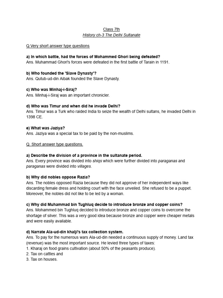 Class 7th History Chapter 3 (The Delhi Sultanate) Question-Answer ...