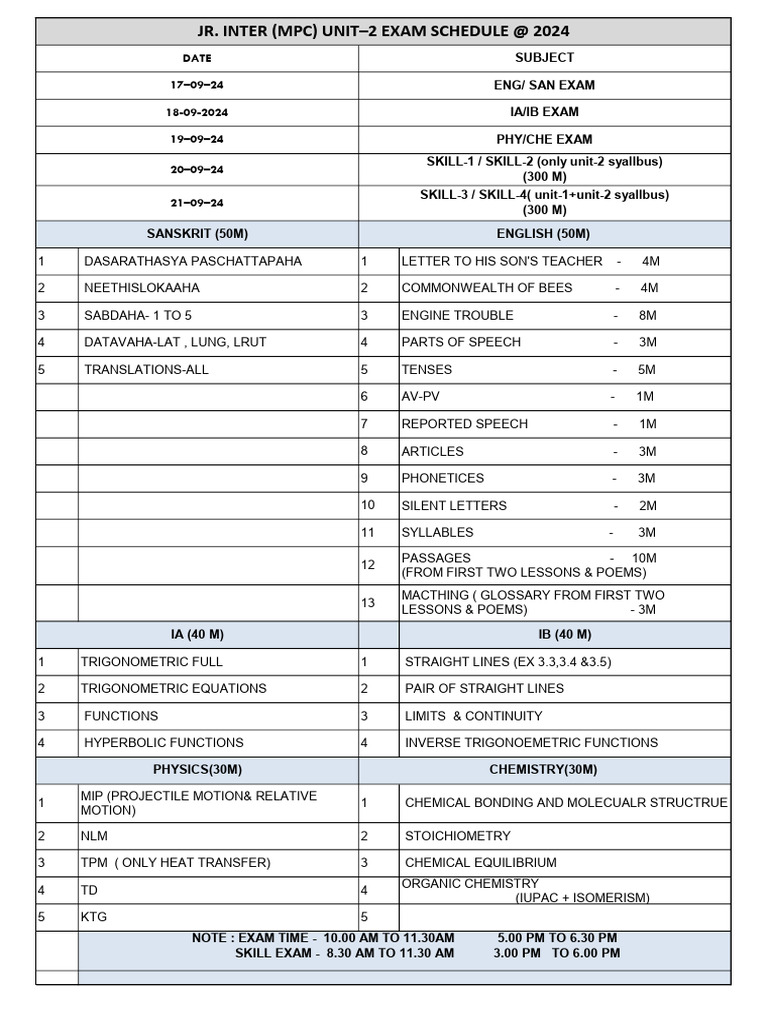 Jr Inter (Mpc) Unit-2 Exam Sehdule @2024 | PDF