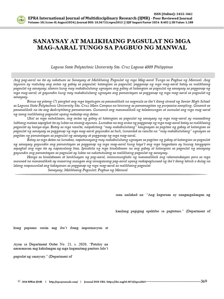 Sanaysay at Malikhaing Pagsulat NG Mga Mag-Aaral Tungo Sa Pagbuo NG ...
