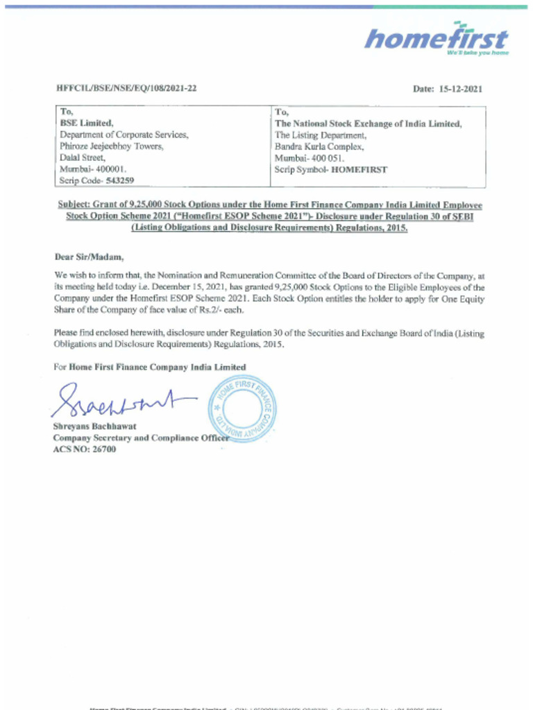 Grant of Stock Options Under ESOP 2021 | PDF