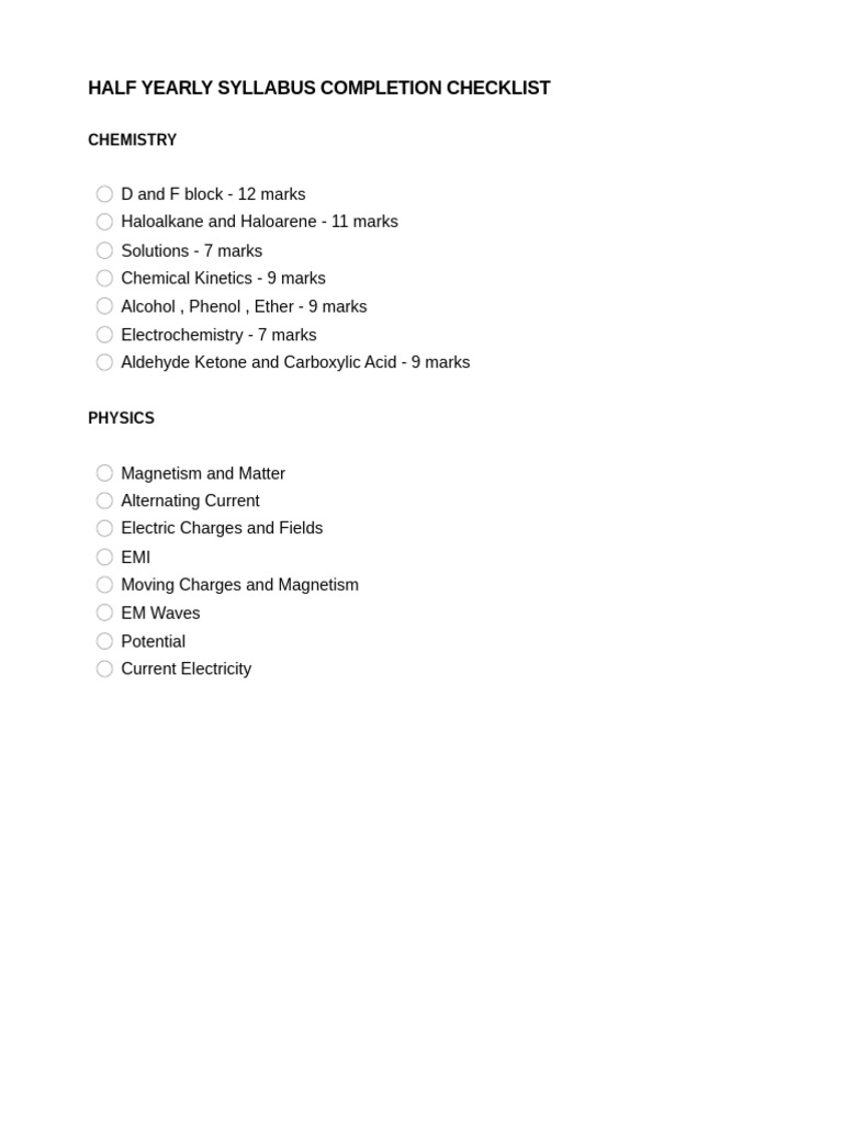 Half Yearly Syllabus Completion Checklist | PDF
