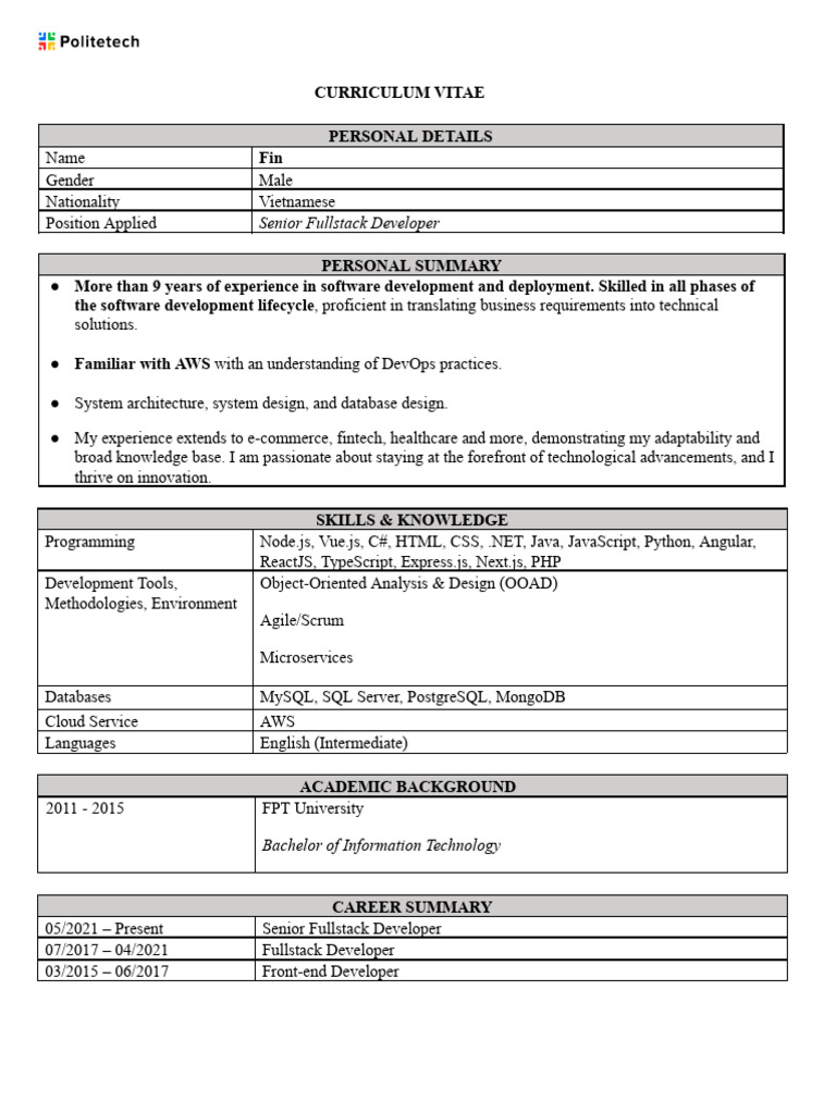 Fin Senior Fullstack Node Js Pdf