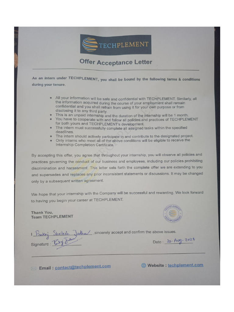 TECHPLEMENT Offer Acceptance Letter | PDF