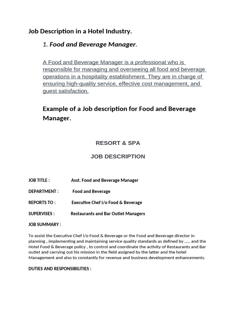 Job Description in A Hotel Industry | PDF