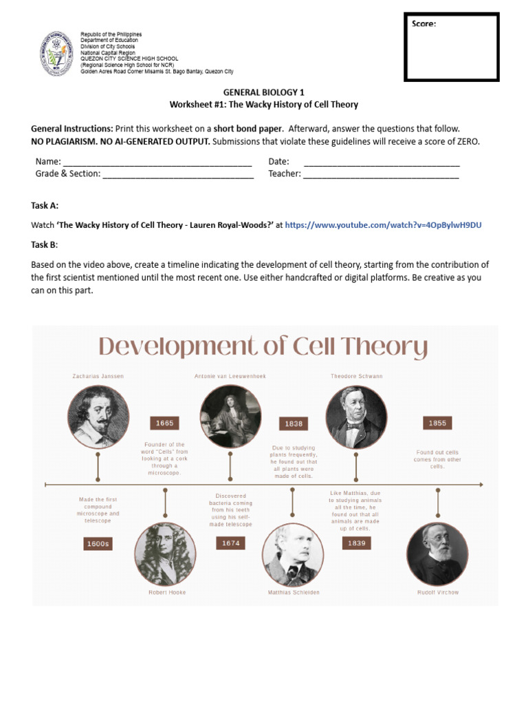General Biology 1 Worksheet #1: The Wacky History of Cell Theory ...