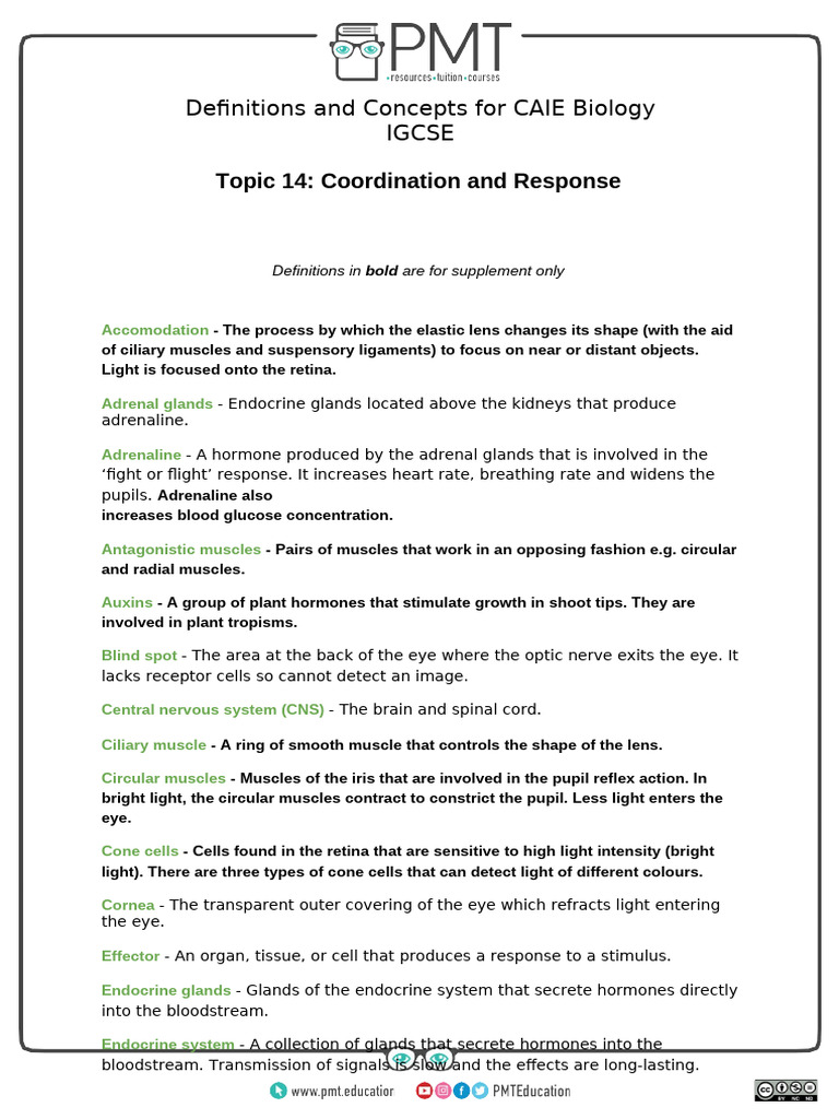 Definitions - Topic 14 Coordination and Response - CAIE Biology IGCSE ...