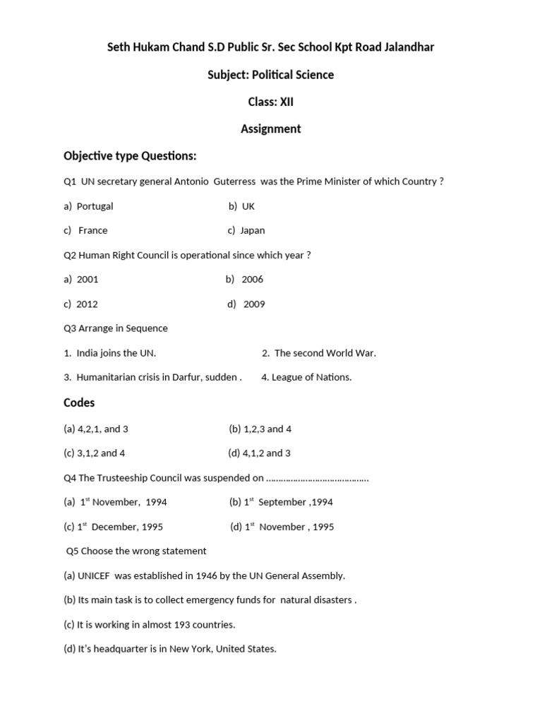 XII Assignment Pol Science | PDF
