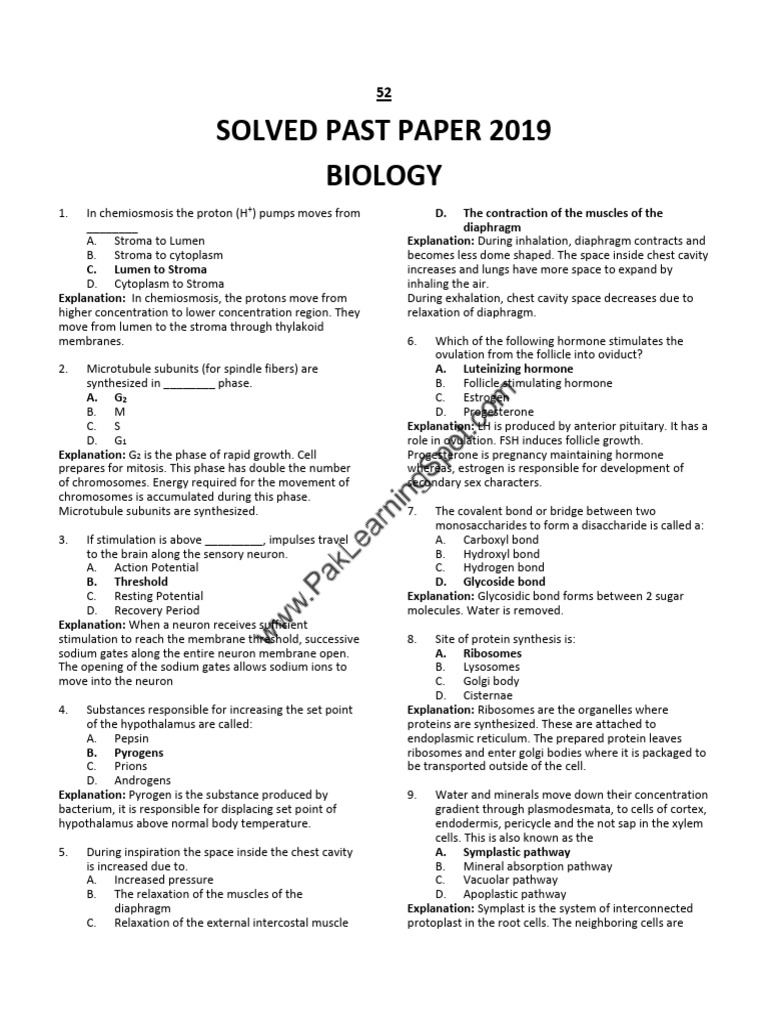 Mdcat Solved Past Paper 2019 Paklearningspot Watermark | PDF