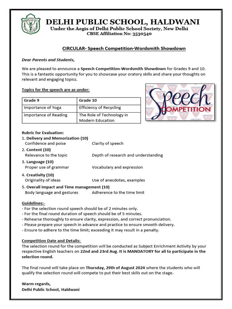 CIRCULAR Speech Competition Grade 9-10 | PDF
