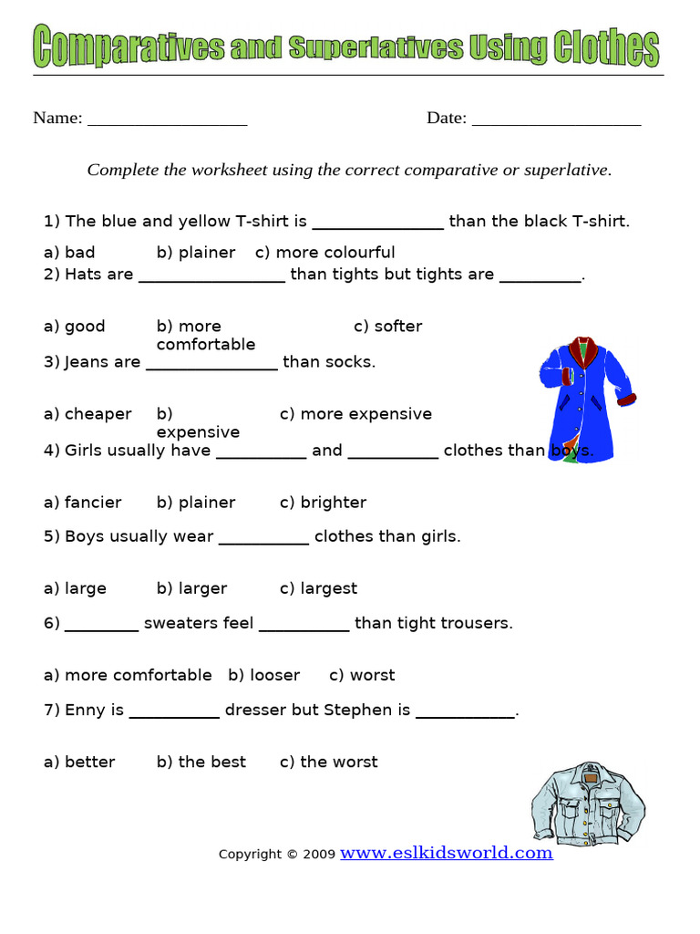 Comparatives and Superlatives Using Clothes Worksheet | PDF