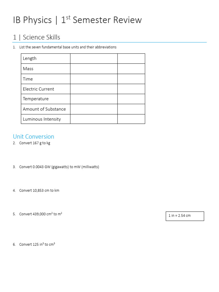 IB Physics - 1st Semester Review | PDF