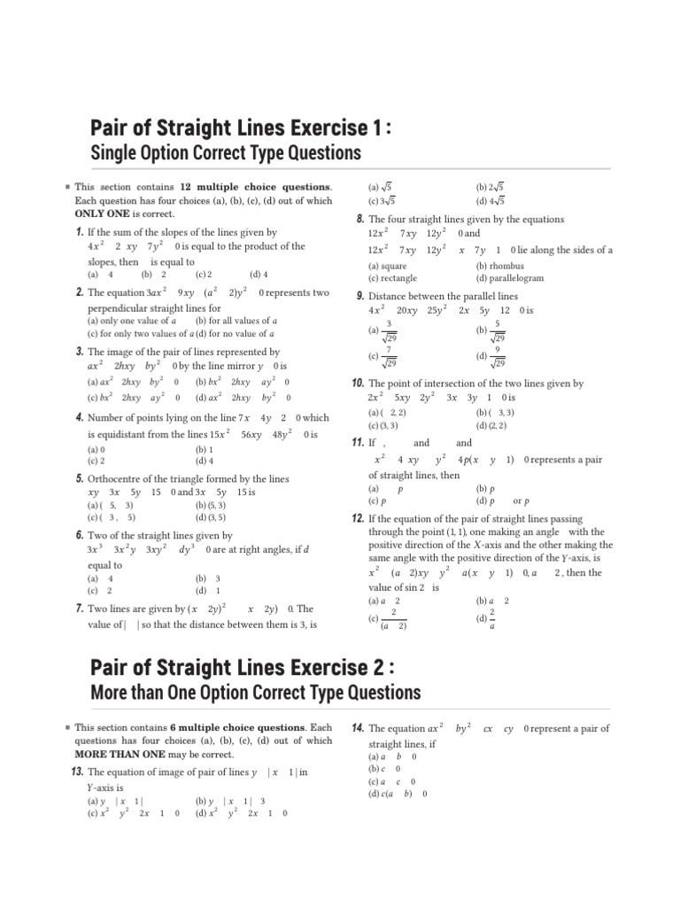 Pair of Straight Lines Exercise | PDF