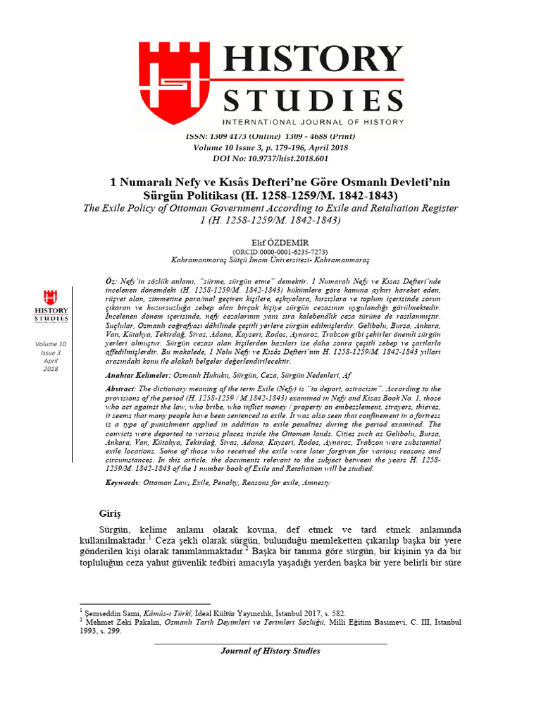 1 Numaralı Nefy Ve Kısâs Defteri'ne Göre Osmanlı Devleti'nin Sürgün Politikası (H. 1258-1259:M ...