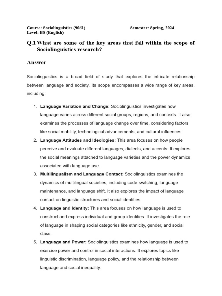 Sociolinguistics (9061) - Semester - Spring, 2024 Assignment 1 | PDF