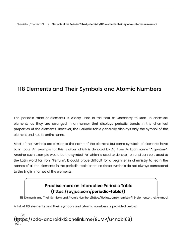 118 Elements and Their Symbols and Atomic Numbers - ByJU's | PDF