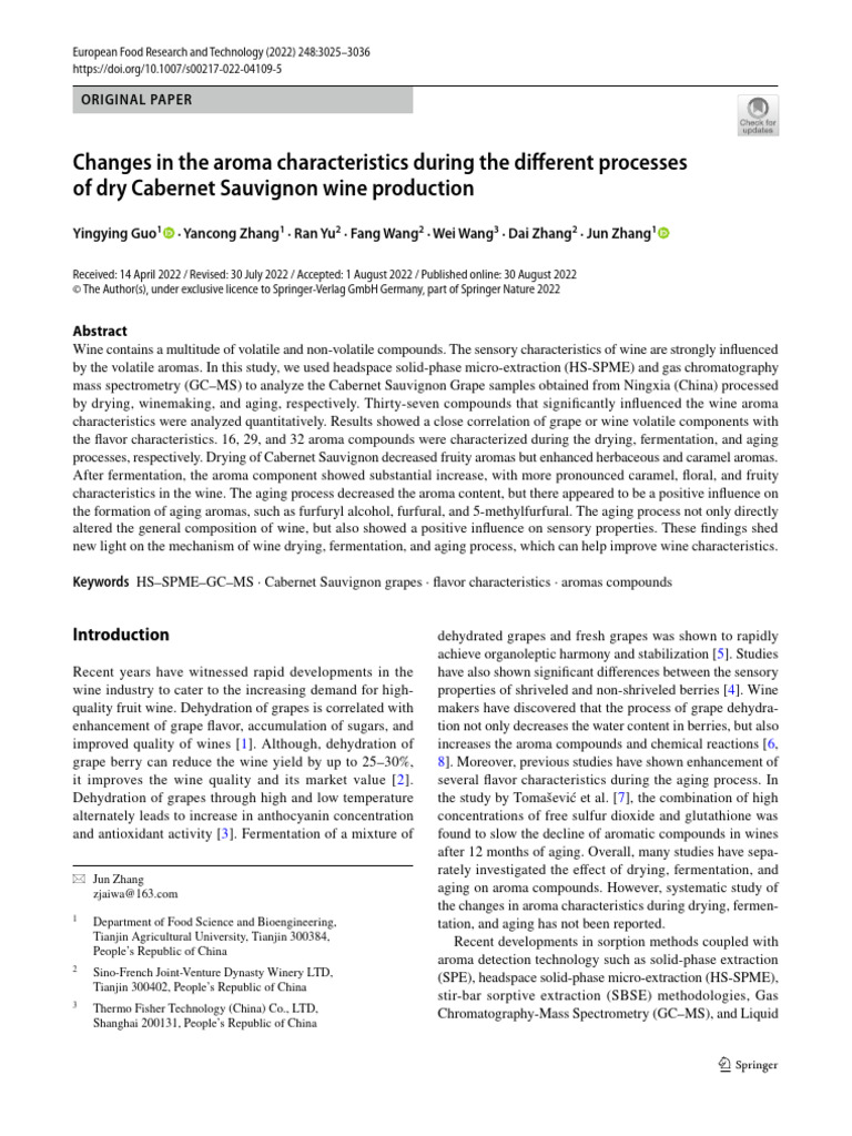 Changes in The Aroma Characteristics During The Different Processes of Dry Cabernet Sauvignon ...