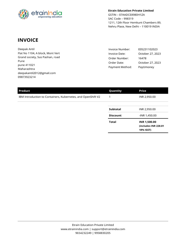 Invoice Openshift Kubernate Course Etrainindia | PDF