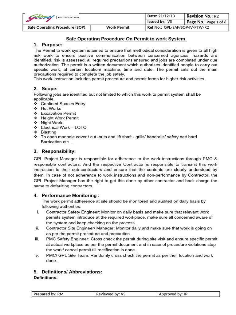 04- SOP On Permit to Work System | PDF