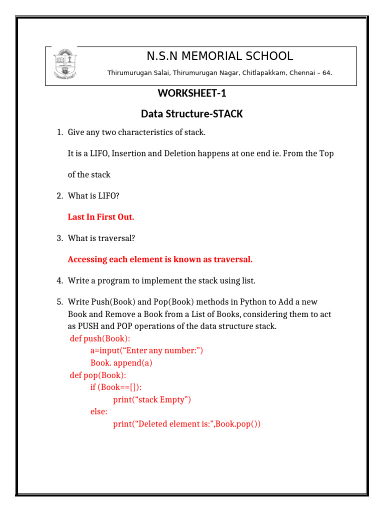Stack Worksheet-1 | PDF