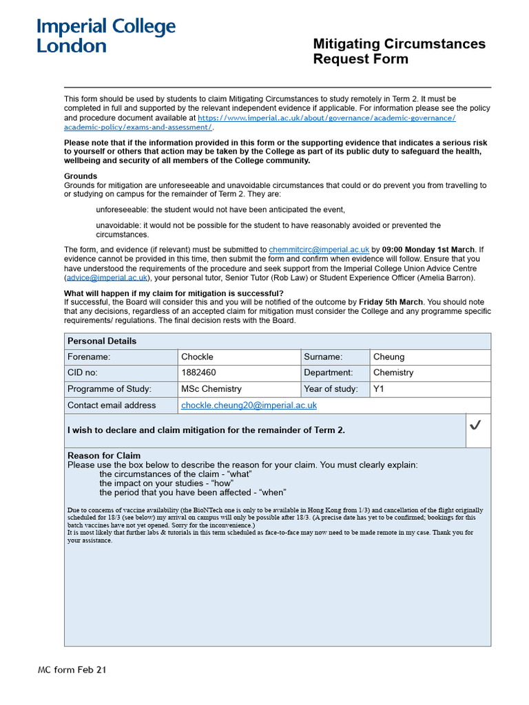 Mitigating Circumstances Form Guide | PDF | Knowledge | Career & Growth