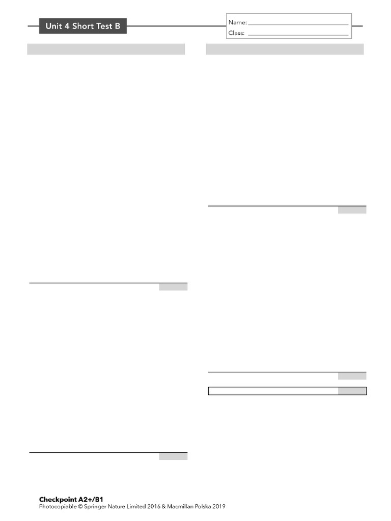 Checkpoint A2+ B1 Unit 4 Short Test B | PDF