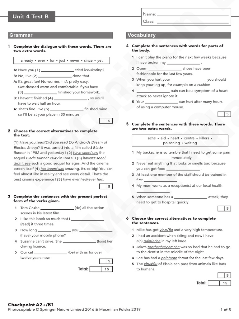 Checkpoint A2+ B1 Unit 4 Test B | PDF
