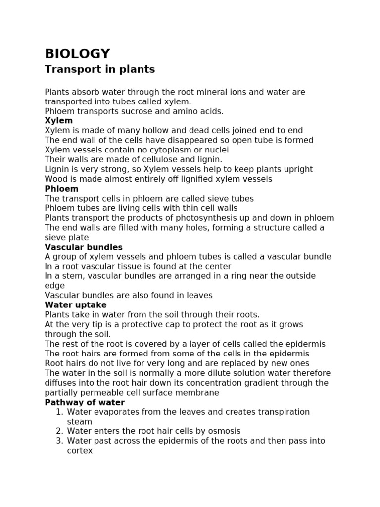 Biology Notes - Transport in Plant | PDF