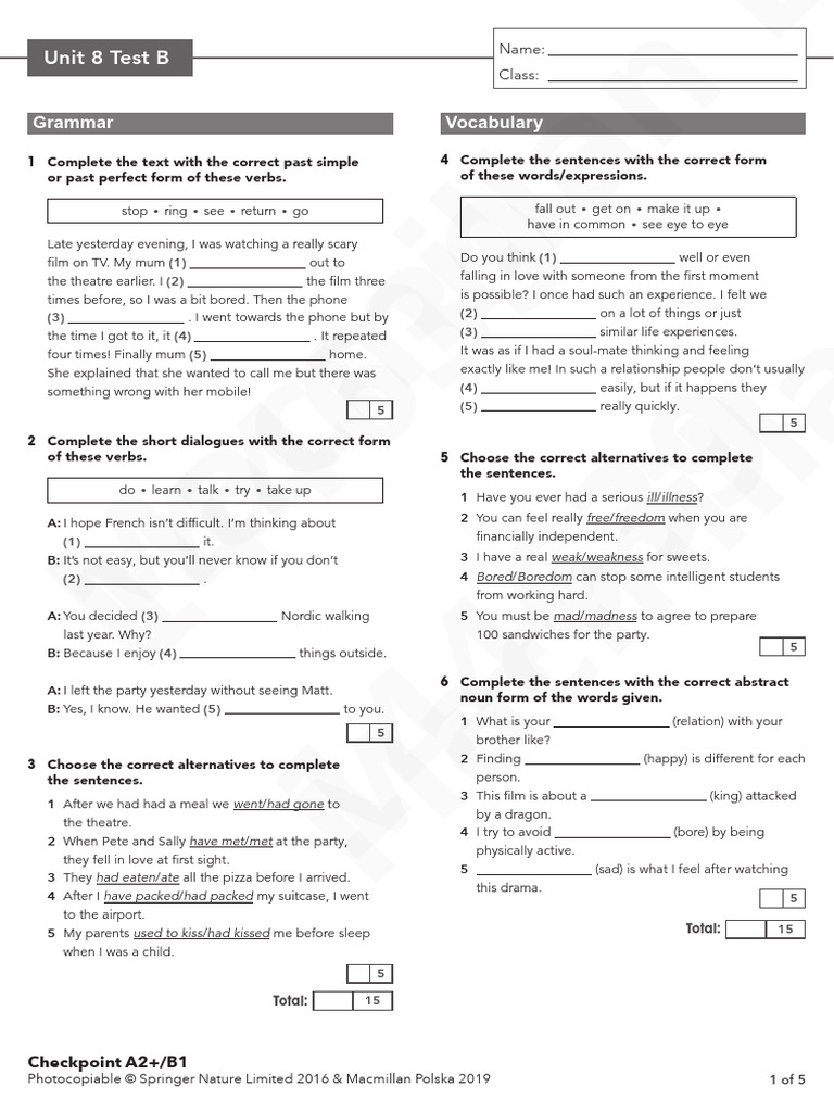 Checkpoint A2+ B1 Unit 8 Test B | PDF