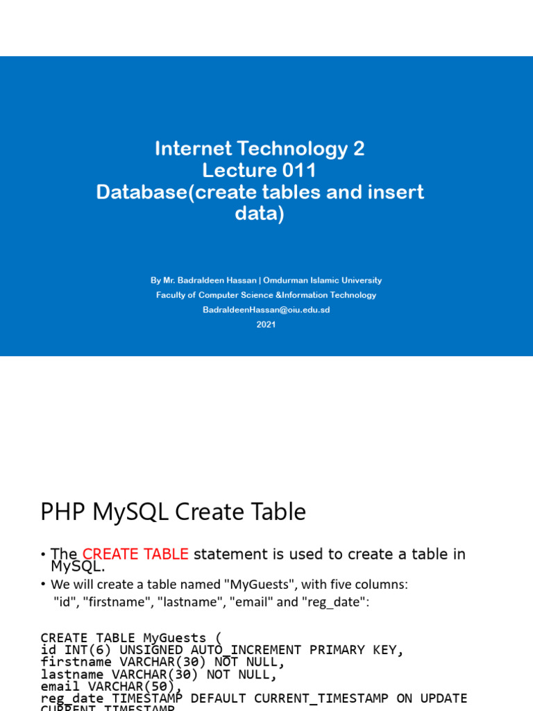 Internet Technology 2 Database (Create Tables and Insert Data) | PDF