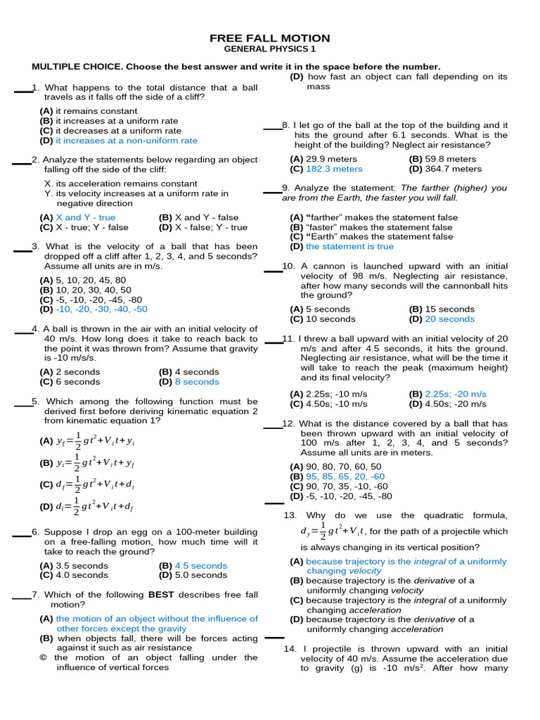 Physics 1 - Chapter Quiz 2 (Version 2) | PDF