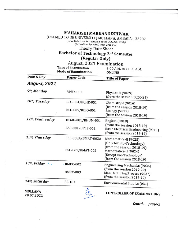 Theory Date Sheet of B. Tech 2nd Semester | PDF