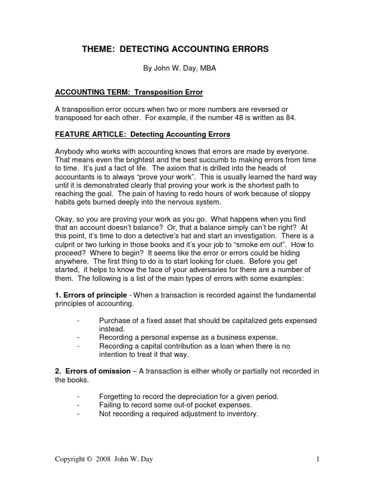 Theme: Detecting Accounting Errors: ACCOUNTING TERM: Transposition ...