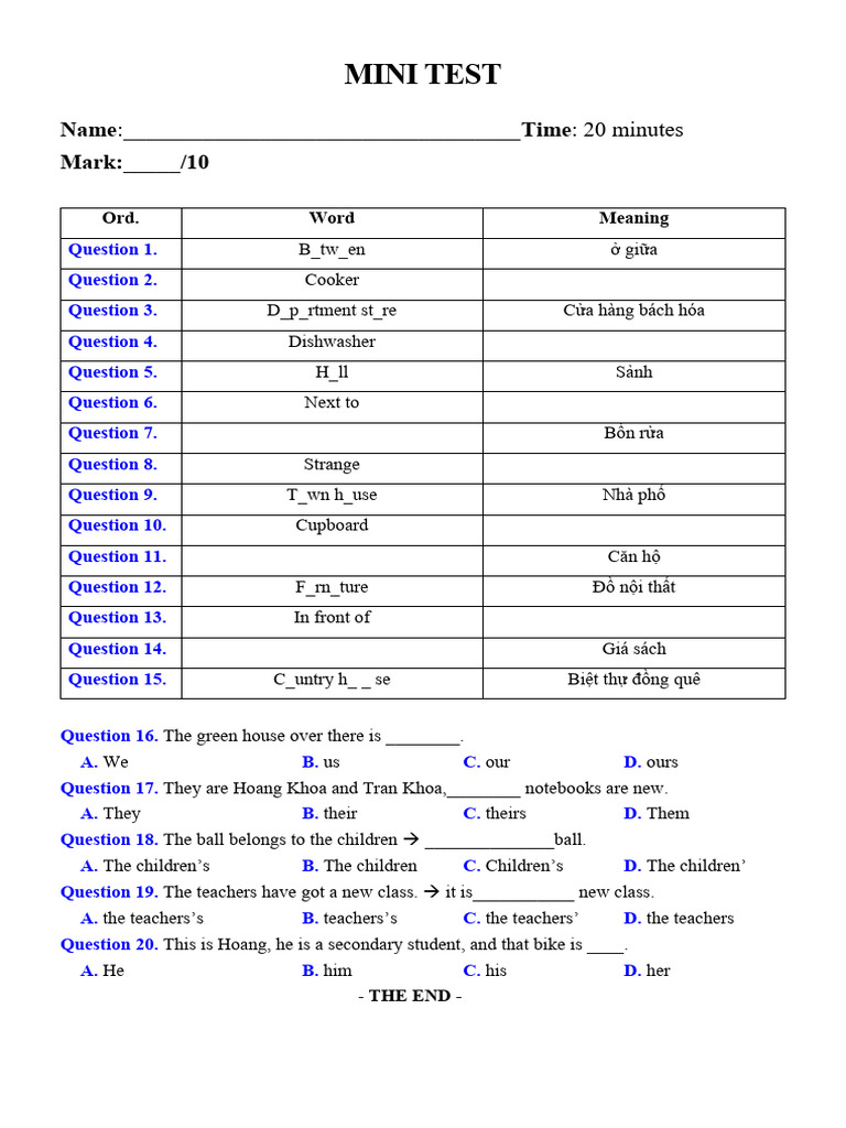 Mini Vocabulary Test | PDF