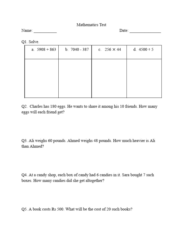 Mathematics Test (Grade 3) | PDF