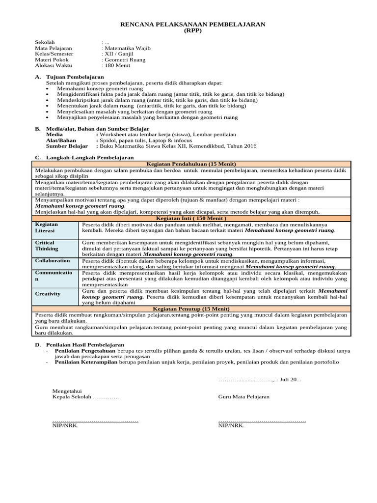 Contoh RPP MTK 12 (1 LBR) | PDF