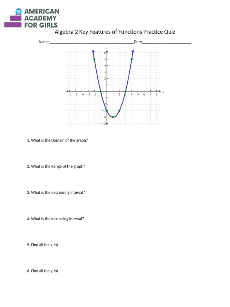 Key Features of Functions Practice Quiz | PDF