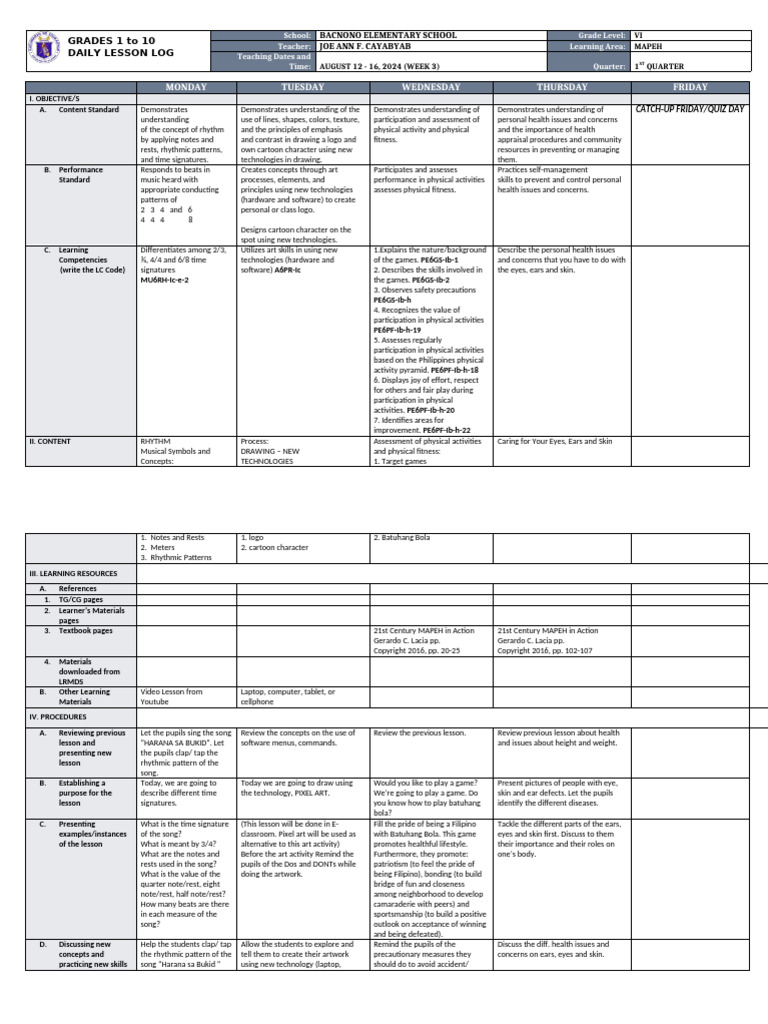 DLL - Mapeh 6 - Q1 - W3 | PDF | Rhythm | Teachers