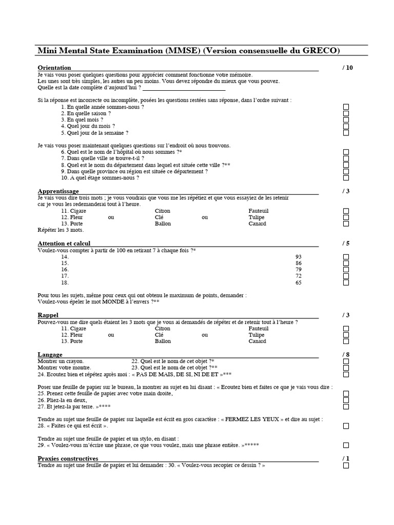 Mini Mental State Examination (MMSE) (Version Consensuelle Du GRECO) | PDF