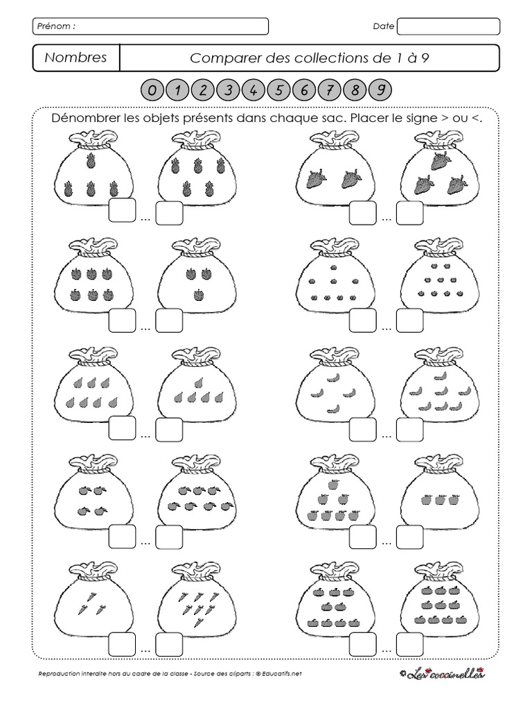 Nombres Comparer Des Collections de 1 À 9: Dénombrer Les Objets ...
