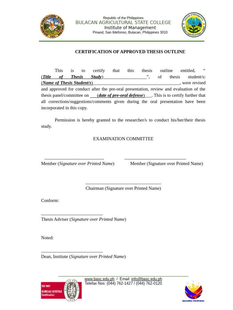 Certification of Approved Thesis Outline-09-13-24 | PDF