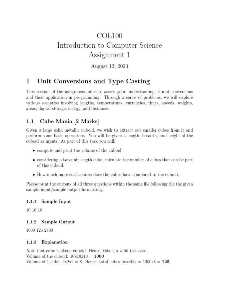 COL 100 Assignment 1 | PDF