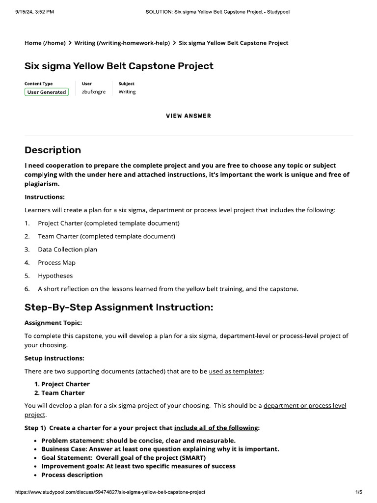 Yellow Belt Capstone Project You Will Develop A Plan For A Six Sigma | PDF