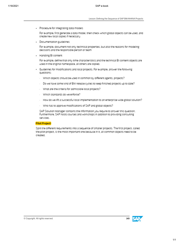 Lesson: Defining The Sequence of SAP BW/4HANA Projects: Pilot Project | PDF