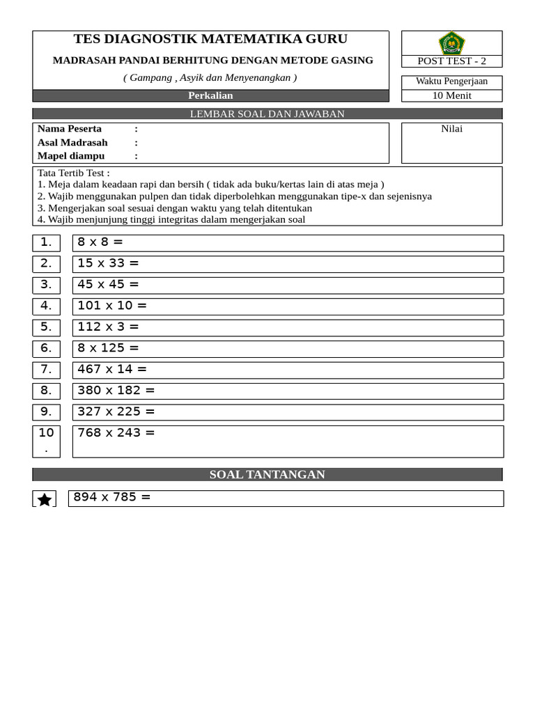 Post Test Perkalian | PDF